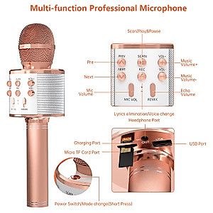 OVELLIC 2 Pack Karaoke Microphone for Kids, Wireless Bluetooth Karaoke Microphone for Singing, Portable Handheld Mic Speaker Machine, Great Gifts Toys for Girls Boys Adults All Age (Rose Gold & Blue)