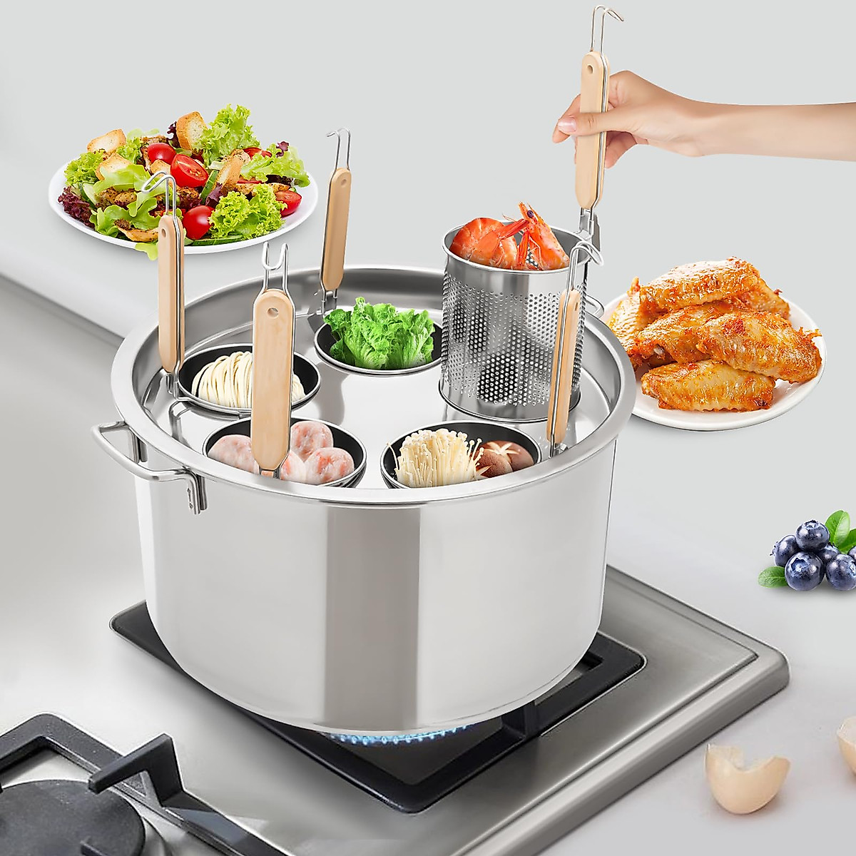 BANEBONE 37L/39qt 5 Holes Pasta Cooker Insert Set Stainless Steel Pasta Pot Insert Strainer Basket Cookware W/5* Insert Strainer Baskets for Home Kitchen Restaurant Commercial Cooking Tool