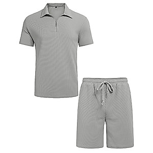 Babioboa Men's Tracksuit Polo Sirt and Shorts Set Solid Waffle Jersey Polo Short Suit Zip up 2 Piece Outfits(Grey,XXL)