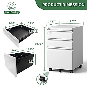BIZOEIRON 3 Drawer Mobile File Cabinet,Under Desk Metal Filing Cabinet with Lock and Wheels for Letter/Legal/A4 Size (White)