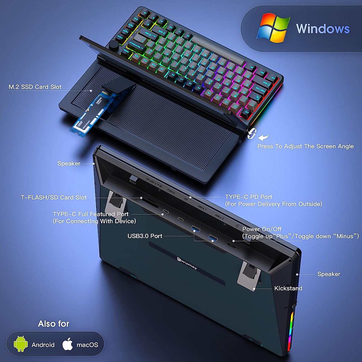Kwumsy Touchscreen Mechanical Gaming Keyboard- K3 Portable Monitor Multifunctional Keyboard with 13'' Touchscreen USB/SSD Expansion Compact 82 Keys RGB LED Backlight FN-Key for Windows Mac Android