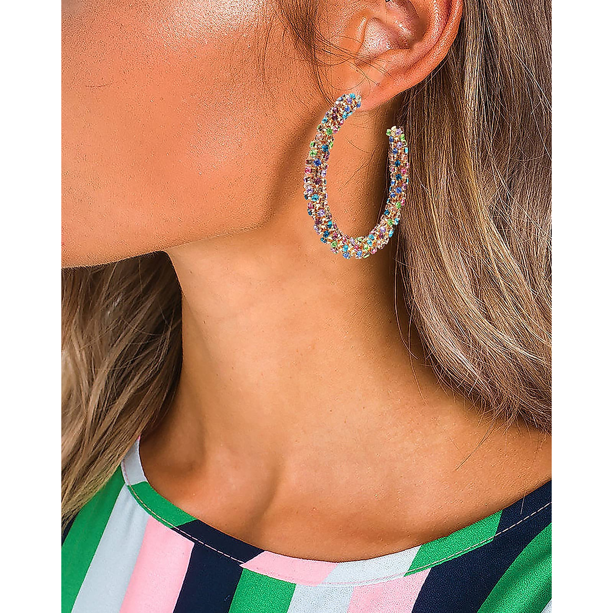 Fashion Rhinestone Hoop Earring Women's Gold Plated Crystal Hoop Earring Bohemian Colorful Rainbow Crystal Wrapped Hoop Dangle Earrings for Women Valentine's Day Gifts