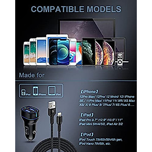 Car Phone Charger Lightning Cable Fast Charging Cargador for iPhone 14 13 12 Pro Max Mini 11Pro 10 SE X XR XS XS Max 8 7 6 Plus, Apple Lightening Wire 6FT+4.8A Dual Port USB Cigarette Lighter Adapter