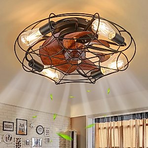 NERONDA 19.7" Caged Ceiling Fan with Light and Remote,Flush Mount Bladeless Ceiling Fan, Low Profile Caged Ceiling Fan,Small Industrial Black Ceiling Light Fixture,Reversible