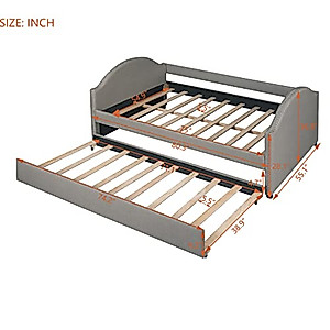 DRELOFT Full Size Upholstered Daybed with Strong Durable Pull-Out Trundle and Legs, Full Day Bed Sofa Bed with Wood Slat Support for Living Room Bedroom Guestroom, No Box Spring Needed, Gray