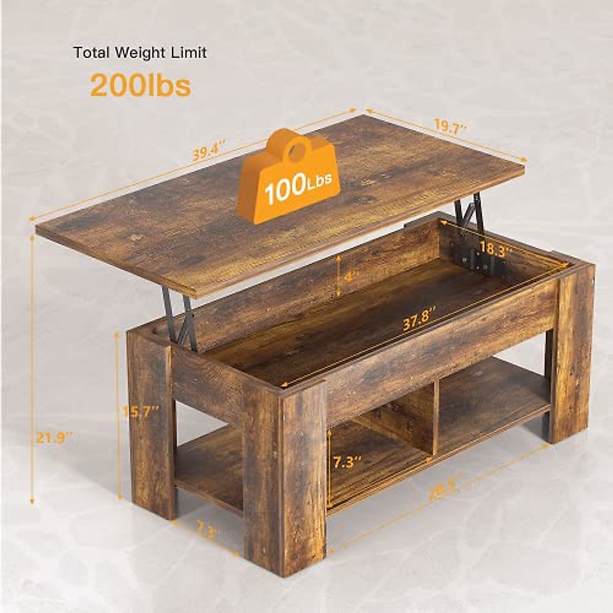 NOBLEWELL Coffee Table Lift Top with Storage Compartment and Separated Open Shelves, Pop Up Coffee Table for Living Room, 39.4in L, Vintage Brown