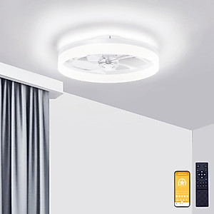 VOLISUN Low Profile Ceiling Fans with Lights and Remote, 19.7in Fandelier Ceiling Fan Flush Mount, 3000K-6500K Smart Bladeless LED Fan Light, White Modern Ceiling Fans with Lights for Bedroom