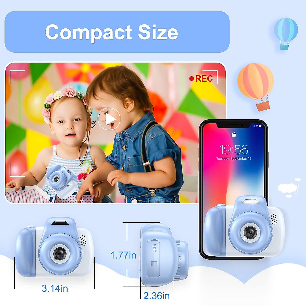 Goopow Mini Kids Camera Toys for 3 4 5 6 7 8 Year Old Girls Boys, Toddler Children Digital Video Camcorder Camera, Best Chritmas Birthday Festival Gift for Kids - 32G SD Card Included NK-Lightblue