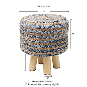 REDEARTH · Foot Stool -Handmade Wooden 4 Legs Jute and Denim Seat Footrest for Living Room, Bedroom, Nursery, kidsroom, Patio, Gym; 50% Cotton 50% Jute (16"x14"x14"; Levi Charm Denim Blue)