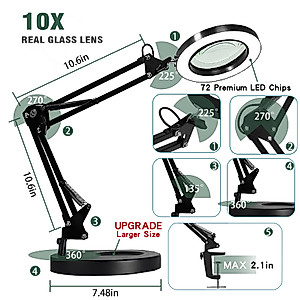 Nerefou Magnifying Glass with Light and Stand, 10X Magnifying Lamp, 2-in-1 Magnifying Desk Lamp with Clamp, 3 Color Mode, Magnifying Glasses with Light for Close Work (1st Generation Base ＆ Clamp)