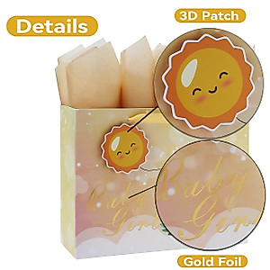 13” Large Light Yellow Cute Elephant Gift Bag Set with Greeting Card and Tissue Paper (3D Sun and Gold Foil ‘Baby Girl’) for Baby Girl, Baby Shower, Kids Birthday Party, Newborn, New Moms or Parents-13”x5.2”x10.2”, 1 Pcs.