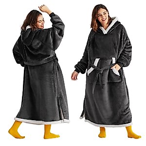 Bedsure Wearable Blanket Hoodie Women - Long Sherpa Warm Cozy Hooded Blanket Sweatshirt for Adult Gifts for Women Men, Standard, Charcoal