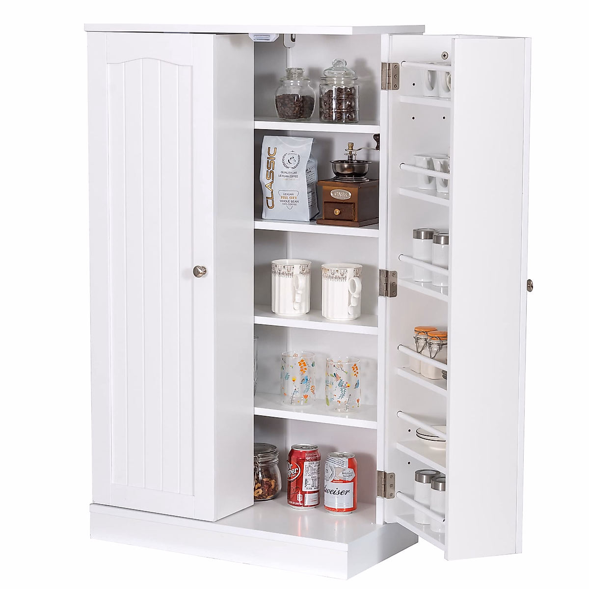 LOKO White Pantry Cabinet, Multifunctional Floor Storage Cabinet with Adjustable Shelves and Anti-toppling Device, Compact Kitchen Cupboard with Double Doors, 23 x 12 x 41 inches