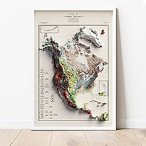 North America Geologic Vintage Hillshading Map Poster | 11x17 16x24 24x36 Minimalist Elevation Unframed Wall Art | Satellite Artwork Print | Antique Rustic Old Style Home Decor