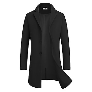 COOFANDY Winter Coats Men Black Notched Collar Overcoat Mid-Long Winter Wool Trench Coat Black Business Peacoat Black L