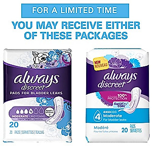 Always Discreet, Incontinence Pads, Moderate, Regular Length, 20 Count Size - 1 Pack