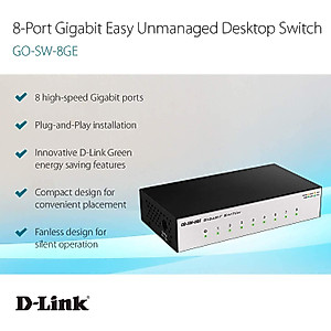 D-Link Ethernet Switch, 8 Port Unmanaged Gigabit Metal Fanless Desktop Plug n Play (GO-SW-8GE)