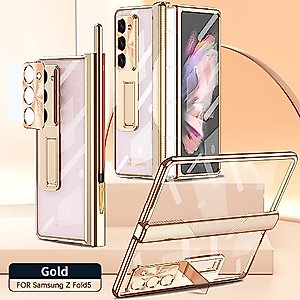 PUROOM for Samsung Galaxy Z Fold 5 Hinge Coverage Protective Case Transparent Plating PC with Pen Holder Kickstand Screen Protector All-Inclusive Case (z fold 5, Gold)