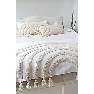 CASA BOHO Throw Blanket Boho Rainbow Throw Blanket Cozy Throw Blanket for Bed Pom Pom Blanket for Bed Cozy Blanket Throw Blankets for Bed Throw Blanket for Couch Neutral Rainbow Decor Cream 48x64