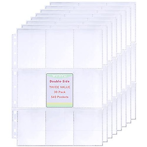 30 Pack 540 Pockets Trading Card Sleeves, Double-Sided 9 Pocket Page Protector, Ultra-Transparent Card Sheets for 3 Ring Binder, Card Sleeves for Cards, Baseball Cards