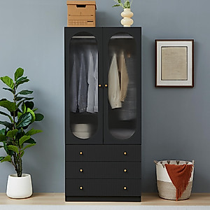 YUCHIATH 70" H Wardrobe Closet with 2 Glass Doors, Armoire Wardrobe Closet with 3 Fluted Drawers and Hanging Rail, Armoire Clothing Organizer for Bedroom (Black)