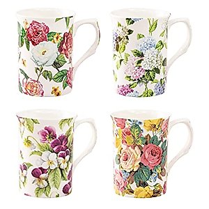 Grace Teaware Bone China Coffee Tea Mugs 9-Ounce, Assorted Set of 4 (Countryside Garden)