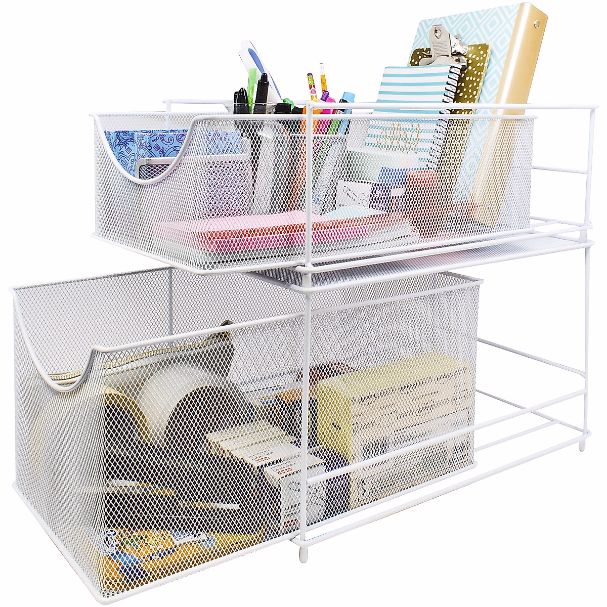 Sorbus® Cabinet Organizer Set—Mesh Storage Organizer with Pull Out Drawers—Ideal for Countertop, Cabinet, Pantry, Under the Sink, Desktop and More (White Two-Piece Set)