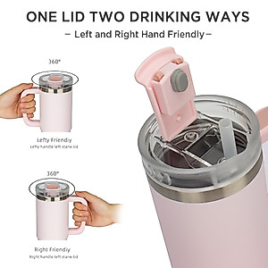 TYESO 30 oz Tumbler with Handle, Straw and Lid - Leak Resistant Insulated Stainless Steel Water Bottle, Car Cup Holder Friendly Travel Coffee Mug Pink - Gifts for Men & Women