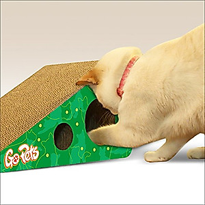 GoPets Premium Cat Scratcher, Wedge Shaped Corrugated Cardboard is Reversible Lasts 2X Longer Includes 1 Pack Catnip, Natural Incline More Ergonomic Than Scratching Post, Cutouts to Hide Toys