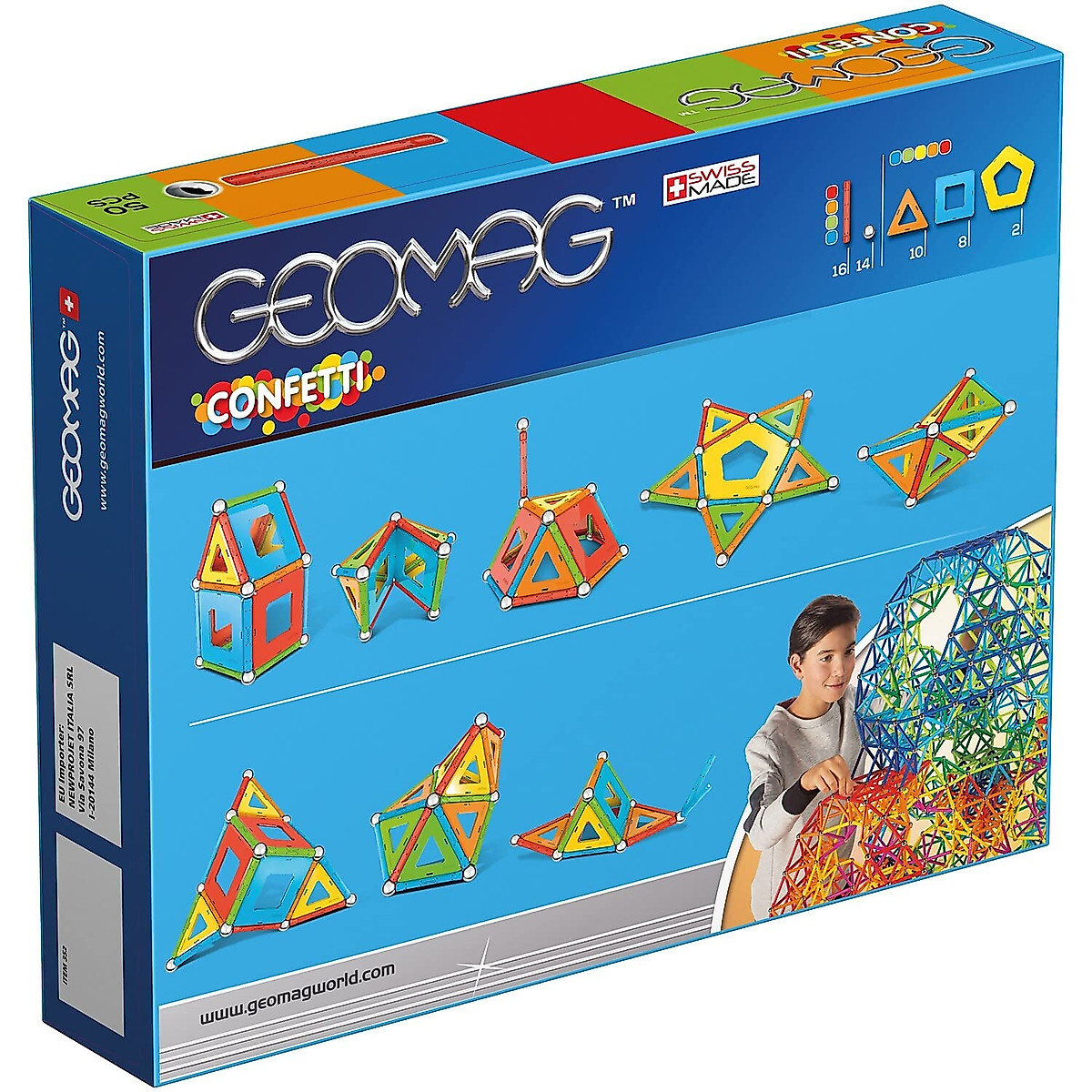 Geomag Magnetic Sticks and Balls Building Set, Magnet Toys for STEM, Creative, Educational Construction Play, Swiss-Made Innovation, Confetti 50 Piece Age 3+, Light Blue, Orange, Green, Red, Yellow