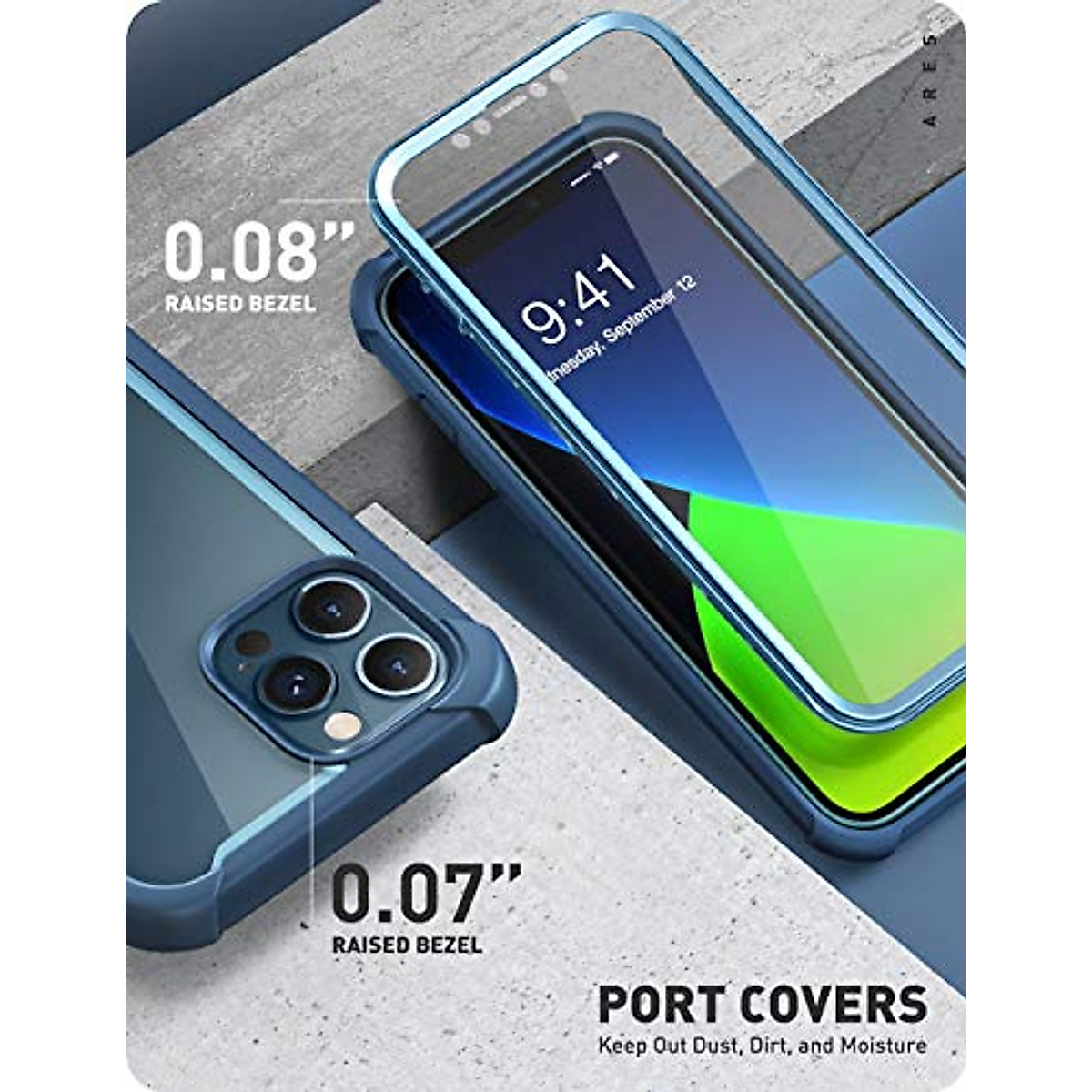 i-Blason Ares Case for iPhone 12 Pro Max 6.7 inch (2020 Release), Dual Layer Rugged Clear Bumper Case with Built-in Screen Protector (Blue)
