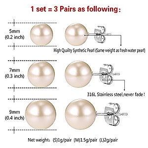 U7 Pearl Earrings for Women Surgical Stainless Steel Post Round 5mm 7mm 9mm Cultured Freshwater Pearls Ball Stud Earrings Set 3 Pairs