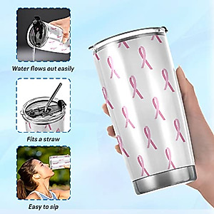 20oz Tumbler Bottle with Lid and Straw Pink Ribbon Pattern National Breast Insulated Coffee Ice Cup Vacuum Stainless Steel Shaker Bottle Travel Mug Water Cup Gifts