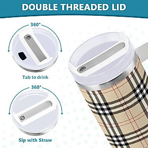 Tartan Plaid Khaki Black 40 oz Tumbler with Handle and Straw Lid, Insulated Coffee Cup Reusable Stainless Steel Water Bottle Travel Mug Cupholder Friendly,Gifts for Women Men