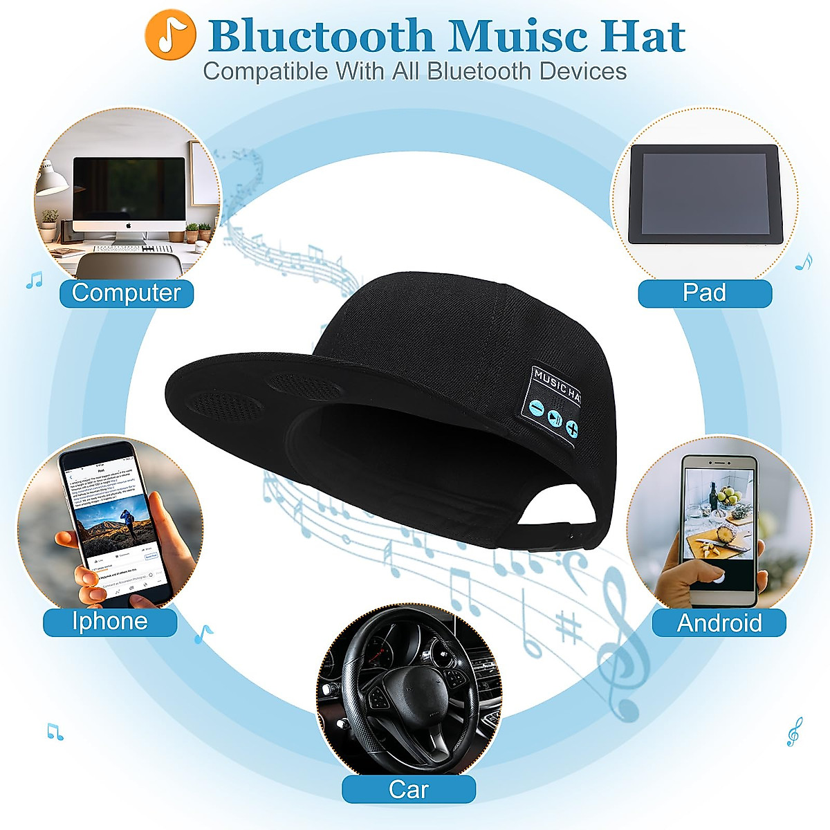 Skicuff 2 Pcs Adjustable Wireless Speaker Hat Smart Speakerphone Cap for Men Women Music Outdoor Gifts(Black)