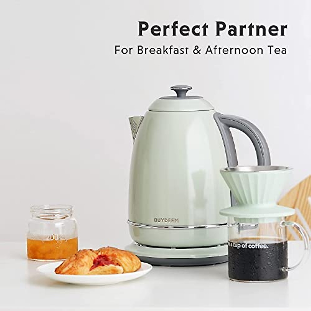 BUYDEEM K640 Stainless Steel Electric Tea Kettle with Auto Shut-Off and Boil Dry Protection, 1.7 Liter Cordless Hot Water Boiler with Swivel Base, 1440W, Cozy Greenish