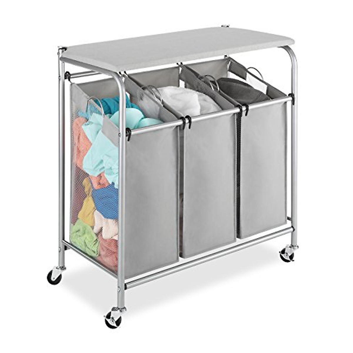 Whitmor 3 Section Rolling Laundry Sorter with Folding Station - Ironing Board