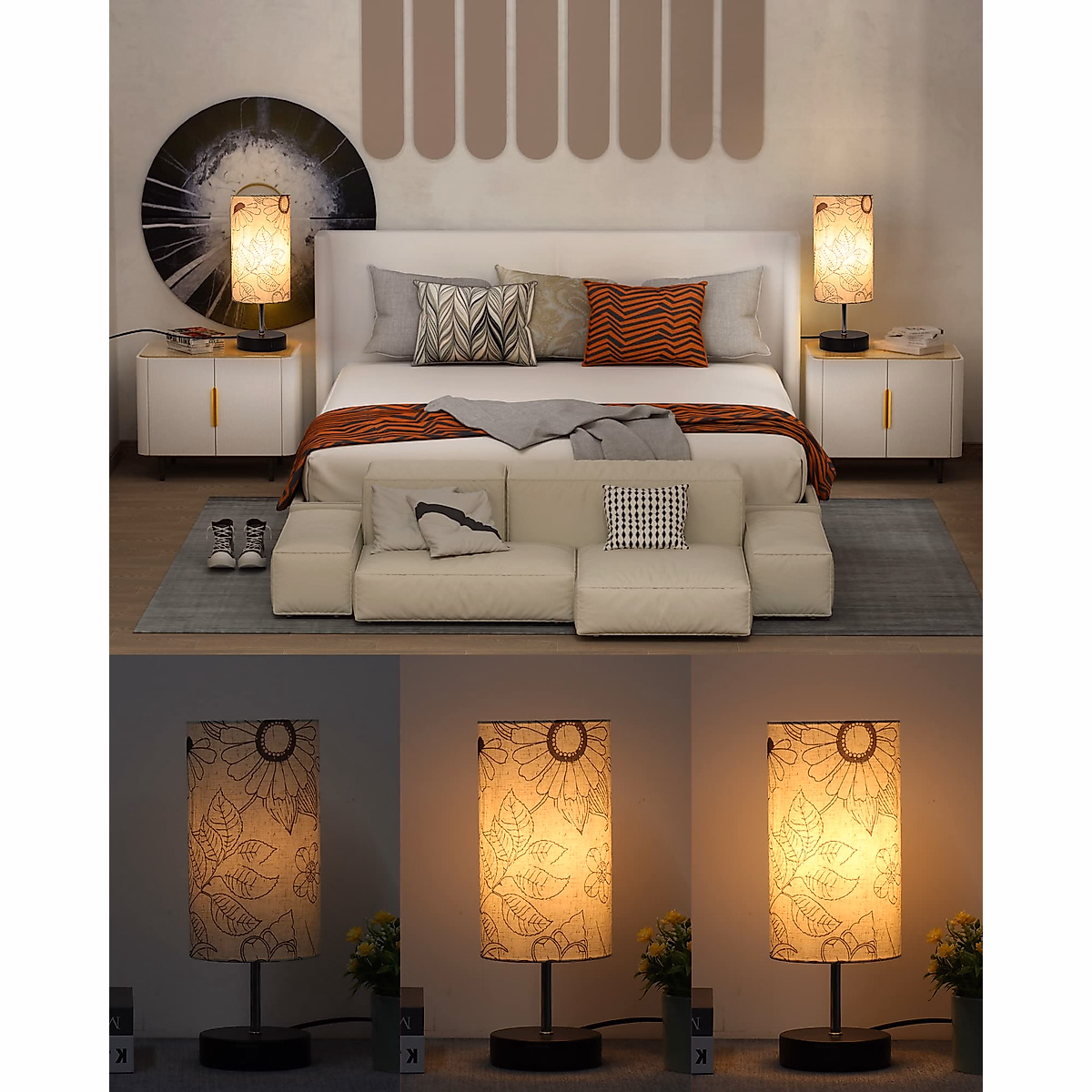 Lanmonlily Touch Control Desk Lamp with 2 USB Ports, 3-Way Dimmable Bedside Lamp for Bedroom, Nightstand Lamp with Round Flower Fabric Shade for Living Room, Home Office (E26 LED Bulb Included)