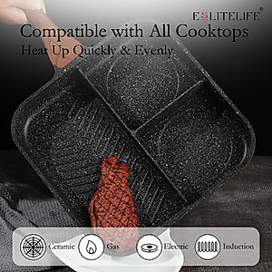 ESLITE LIFE Nonstick Divided Breakfast Grill Pan for Stove Tops, 11 Inch 3-In-1 Versatile Square Big Grill Skillet Pan for Indoor Cooking & Outdoor Grilling, PFOA Free, Black