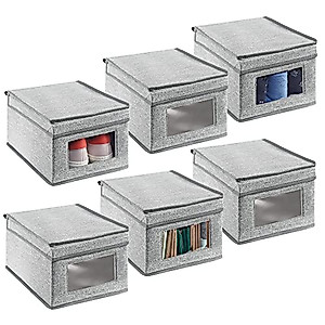 mDesign Soft Fabric Stackable Closet Storage Organizer Box with Clear Window and Attached Hinged Lid for Bedroom, Hallway, Entryway, Closets, 6 Pack - Gray
