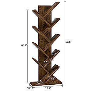 Topfurny Tree Bookshelf, 9-Tier Shelf Rustic Brown Bookcase, Retro Wood Storage Rack for CDs/Movies/Books, Anti-Fall Utility Organizer Shelves for Living Room, Bedroom, Home Office, Rustic Brown