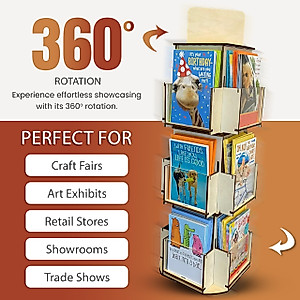 Rotating Greeting Card Display Stand, 3 Tier Wooden Organizer, 4-Sided Display Rack Spinning Multi-Pocket Display for Coasters, Stickers, Retail, Tradeshow - A4, A6, A7, 5"x7", 4 bar (Natural)