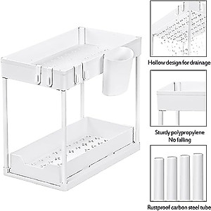 3 Pack MUzizy Under Sink Organizer Pull Out Under Sink Storage, 2 Tier Multi-Purpose Sliding Under the Sink Organizer Bathroom Kitchen Sink Organizer Under Cabinet Shelf for Cleaning Supplies -White