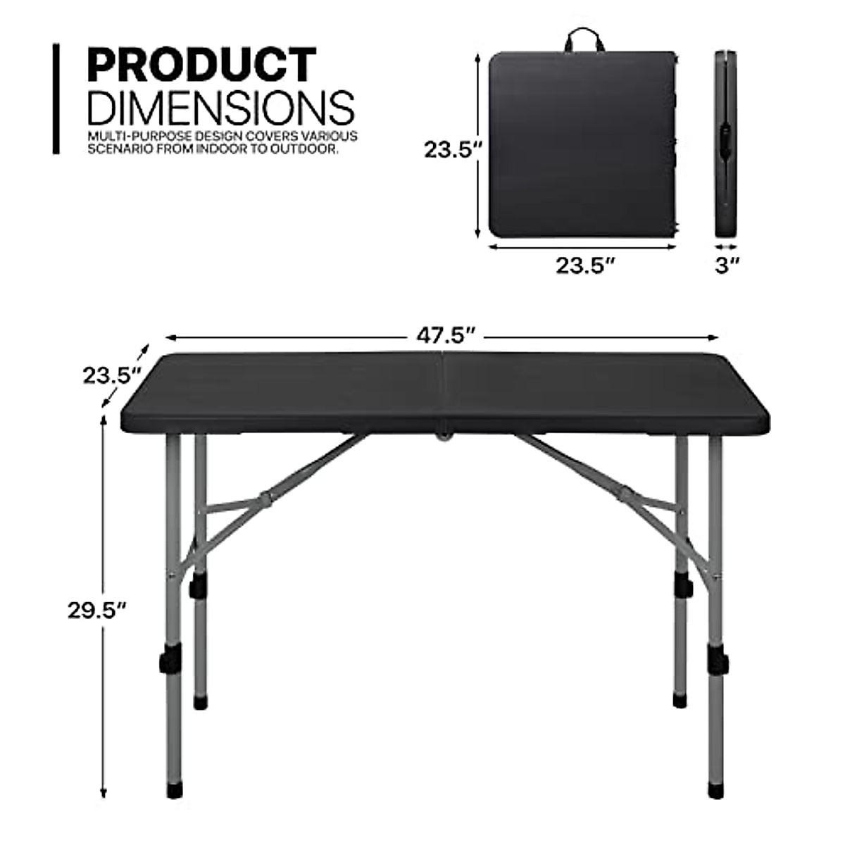 MoNiBloom 4-Foot Folding Plastic Table, Foldable Indoor Outdoor Tables with Carrying Handle and Height Adjustable for Party Picnic Garden - Black