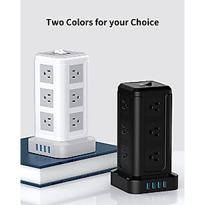 NVEESHOX Power Strip Surge Protector Tower with 12 Outlets 4 USB Ports, 10ft Long Extension Cord Multiple Outlets Charging Tower with Surge Protection, Overload Protection Fire Proof for Home Office