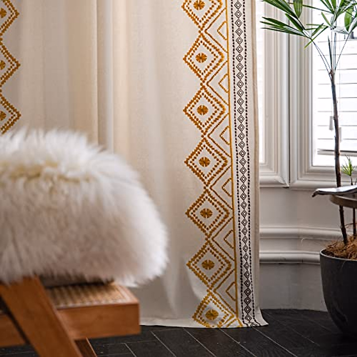 ColorBird Embroidery Diamond Semi-Blackout Window Curtains 2 Panels Boho Cotton Linen Darkening Curtains Rod Pocket Window Drapes for Living Room Bedroom (52" W x 63" L, Yellow)