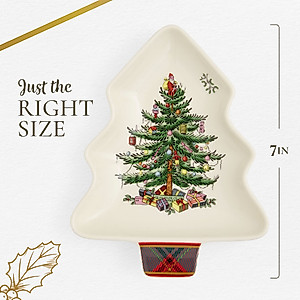 Spode Christmas Tree Tartan Spoon Rest | 7 – Inch Tree Shaped Cooking Utensil Rest | Spatula Ladle Holder for Kitchen Countertop | Made of Fine Porcelain Dishwasher Safe