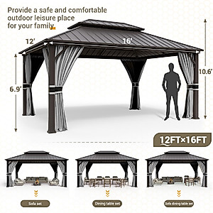 UDPATIO 12' x 16' Hardtop Gazebo, Galvanized Steel Double Roof Permanent Aluminum Gazebo, Outdoor Metal Pergolas with Mosquito Netting and Curtains for Garden, Parties, Patio, Deck, Lawns, Grey