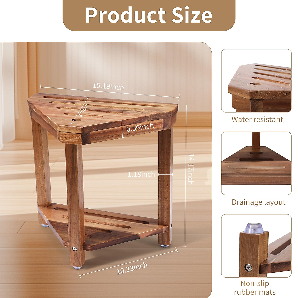 Boulphia Shower Foot Rest 14in, Acacia Wood Shower Stool for Shaving Legs, Waterproof Corner Shower Stool with Storage Shelf for Inside Small Shower Spaces