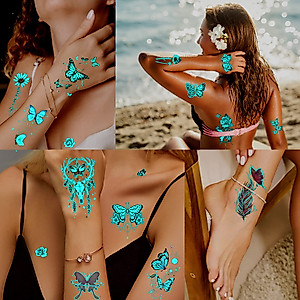 Glow In The Dark Butterfly Tattoos for Kids Girls, Konsait 12 Sheets Safe and Easy to Use Neon Butterfly Temporary Tattoos, Temporary Butterfly Glow Tattoos Glow Party Makeup Supplies Party Favors